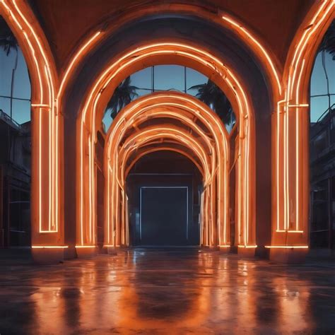 Un Conjunto De Luces De Neón Naranjas Y Blancas Con Un Arco Redondo En