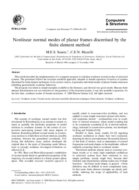 Pdf Nonlinear Normal Modes Of Planar Frames Discretised By The Finite