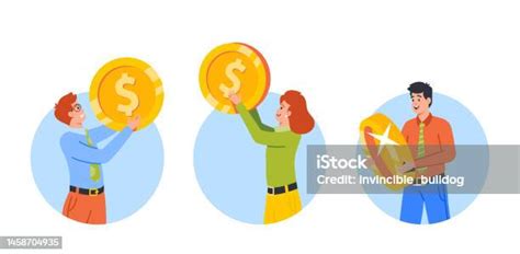 금융 돈 현금 또는 부는 둥근 아이콘 또는 아바타를 격리했습니다 동전을 가진 작은 남성과 여성 비즈니스 캐릭터 개념에 대한 스톡 벡터 아트 및 기타 이미지 Istock