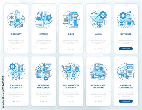2d Icons Representing Knowledge Management Mobile App Screen Set Walkthrough 5 Steps Blue