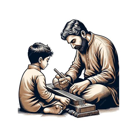 Indian Father Teaching His Young Son A Traditional Skill Or Craft