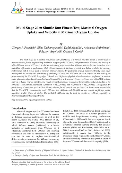 Pdf Multi Stage 20 M Shuttle Run Fitness Test Maximal Oxygen Uptake And Velocity At Maximal
