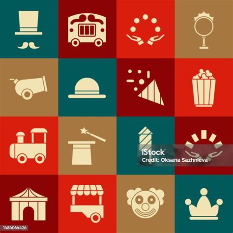 종소리 손 팝콘 상자 저글링 공 광대 대포 마술사 축제 색종이 조각 아이콘을 들고 있는 광대 모자를 설정하세요 벡터 거리에 대한 스톡 벡터 아트 및 기타 이미지 Istock