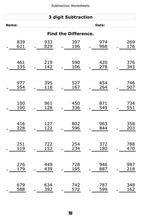Subtraction Worksheets For 3rd Grade