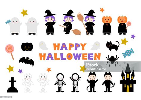 할로윈 아이콘 세트 변장한 아이들 마녀 호박 유령 검은 고양이 미라 해골 박쥐 거미 별 사탕 유령의 집 무덤 벡터 그림입니다