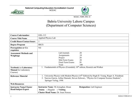 Applied Physics Lab Syllabus Bahria University
