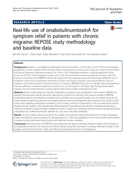 Real Life Use Of Onabotulinumtoxina For Symptom Relief In Patients With Chronic Migraine Repose