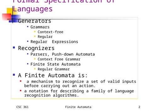 ppt csc 361finite automata1 csc 361finite automata2 formal specification of languages