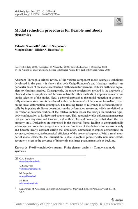 Modal Reduction Procedures For Flexible Multibody Dynamics Request Pdf