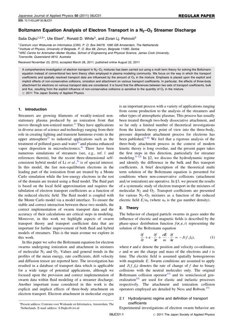 Pdf Boltzmann Equation Analysis Of Electron Transport In A N2 O2 Streamer Discharge