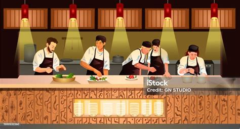 유니폼 앞치마와 모자를 쓴 요리 직원이 있는 레스토랑 주방 만화 캐릭터 요리사 요리사 저녁 식사 또는 디저트가 있는 주방의 상업