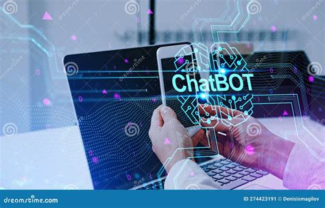 Man With Phone And Laptop Chatbot Interface Stock Image Image Of Artificial Talk 274423191
