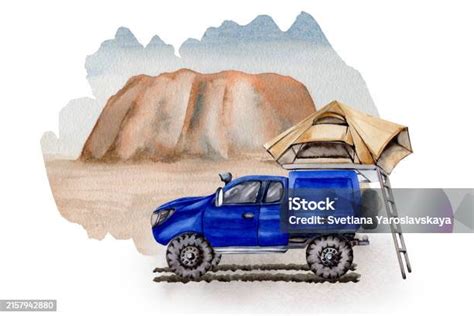 옥상 텐트와 사다리가 있는 오프로드 파란색 자동차 빨간 바위 풍경 수채화 그림 고립 와 배경 모험 관광 투어링 야외 4x4 캠핑 디자인을 위한 엽서 인쇄 4x4 자동차에