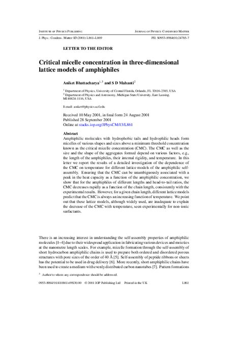 Pdf Critical Micelle Concentration In Three Dimensional Lattice Models Of Amphiphiles