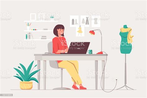 벡터 일러스트 패션 디자이너 디자이너는 패션 컬렉션을 만듭니다 소녀 패션 디자이너는 직장에서 스케치를 그립니다 패션 디자이너에 대한 스톡 벡터 아트 및 기타 이미지 Istock