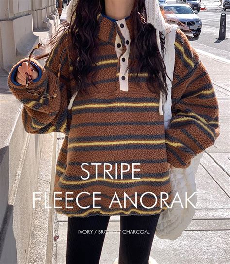 삐뽕언니 제프 하이넥 단가라 덤블 아노락3color 뽀글이 스트라이프 배색 긴팔 루즈핏