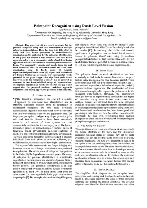 Pdf Palmprint Recognition Using Rank Level Fusion