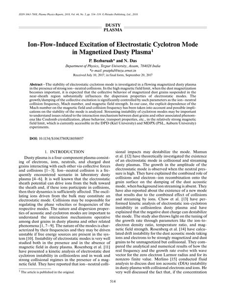 Pdf Ion Flow Induced Excitation Of Electrostatic Cyclotron Mode In Magnetized Dusty Plasma