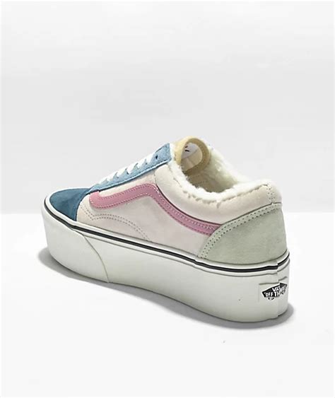 Vans Old Skool Stackform Blue And Pink Sherpa Platform Shoes Zumiez