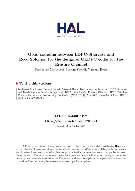 Pdf Good Coupling Between Ldpc Staircase And Reed Solomon For The