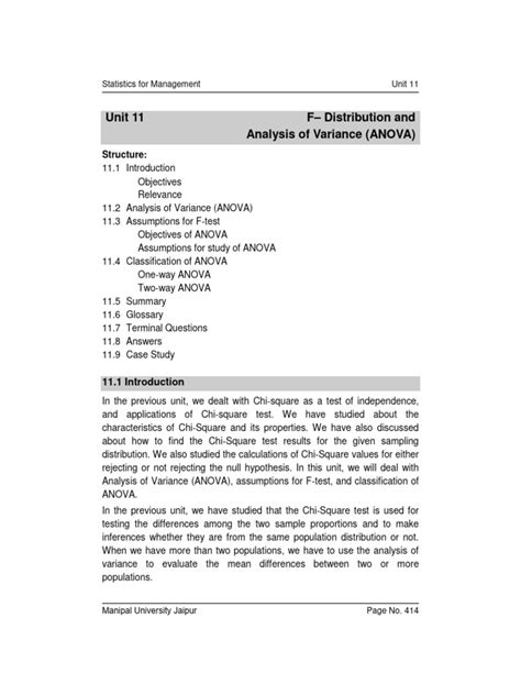 Unit 11 F Distribution And Analysis Of Variance Anova Pdf