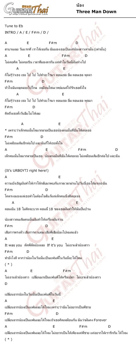 คอร์ด น้อง Three Man Down คอร์ดเพลง กีตาร์