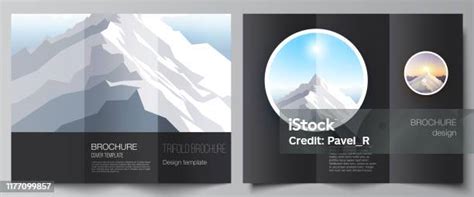 최소 벡터 일러스트 레이아웃입니다 현대 크리에이티브는 삼중 브로셔 또는 전단지를 위한 디자인 템플릿을 다룹니다 마운틴 일러스트 아웃도어 어드벤처 여행 개념 배경입니다 플랫