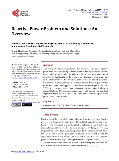 Pdf Reactive Power Problem And Solutions An Overview