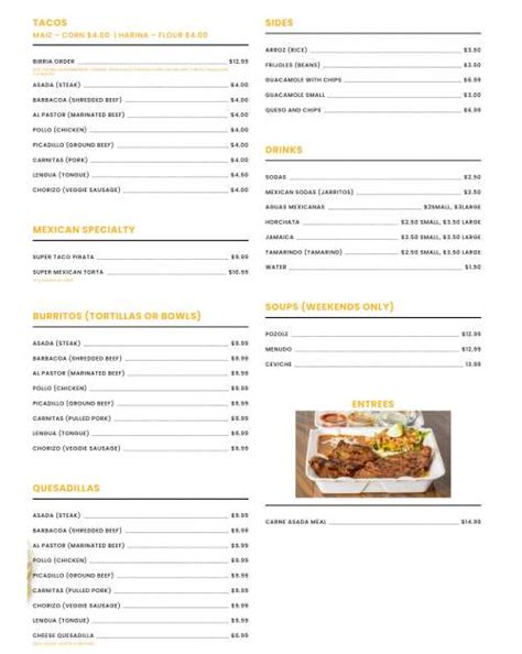 Taco Caliente Menu In Worcester Massachusetts Usa