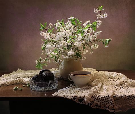 壁紙静物画Zefir巧克力開花的樹茶茶杯枝桌子食物下载照片
