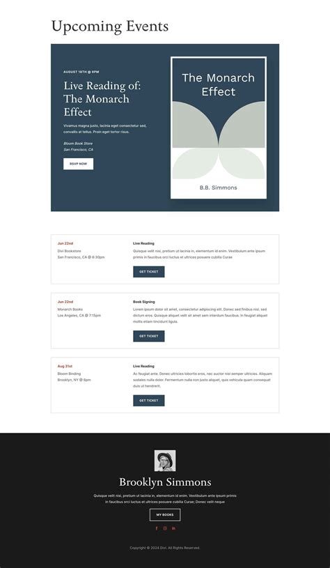 Writer Events Page Divi Layout By Elegant Themes