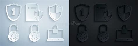 Set Safe Combination Lock Wheel Shield Laptop And Document Protection Concept And With