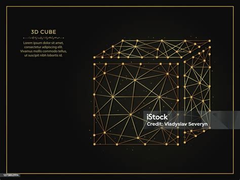 어두운 배경에 3d 큐브 황금 추상 적 그림 선과 점으로 만든 기하학적 모양 다각형 템플릿 와이어 프레임 모델에 대한 스톡 벡터 아트 및 기타 이미지 Istock