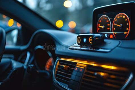 Modern Parking Sensor Device Lying On Car Dashboard In The Evening