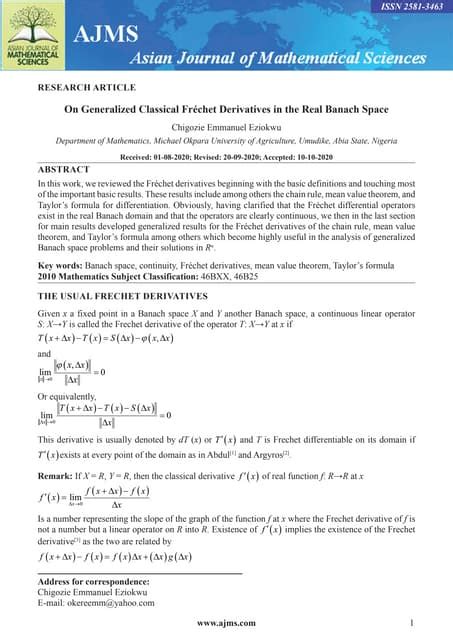 On Generalized Classical Fréchet Derivatives In The Real Banach Space Pdf