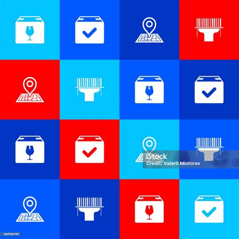 깨지기 쉬운 콘텐츠 패키지 확인 마크 자리 표시자 맵 및 스캐너 스캔 바코드 아이콘으로 배달 상자를 설정합니다 벡터 구매에 대한 스톡 벡터 아트 및 기타 이미지 Istock