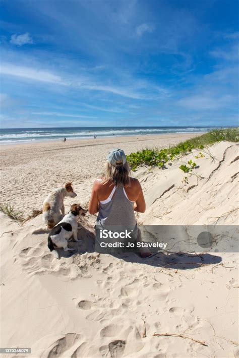 바다를 바라보며 해변에 앉아 있는 무두질 한 여성 그녀의 옆에 남성과 여성 잭 러셀 개 백그라운드에서 모래와 바다 흰색 반바지와 회색 싱글 골드코스트 퀸즐랜드 오스트레일리아