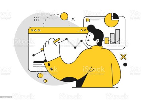 웹 엔지니어 또는 디자이너 빌딩 웹 사이트 선상에서 프레젠테이션을 보여주는 프로젝트를 진행하는 직원 차트 및 통계 평면 만화 그림의 벡터 개발에 대한 스톡 벡터 아트 및