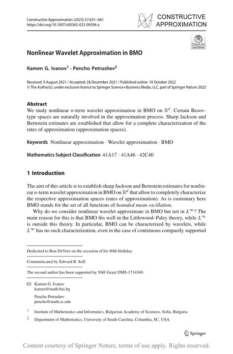 Nonlinear Wavelet Approximation In Bmo Request Pdf