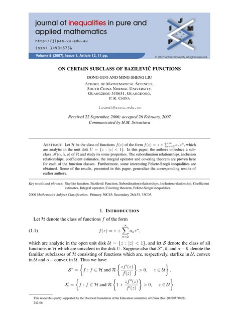 Pdf On Certain Subclass Of Bazilevic Functions