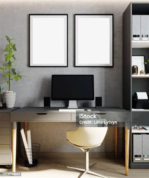 모던 한 인테리어 배경 캐비닛 스칸디나비아 스타일 3d 렌더 3d 일러스트레이션에서 포스터 프레임을 모의 가정의 방에 대한 스톡 사진 및 기타 이미지 Istock