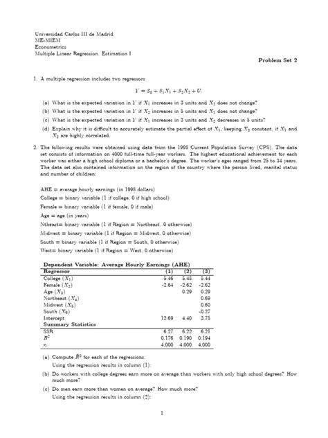 Problem Set 2 Pdf Ordinary Least Squares Regression Analysis