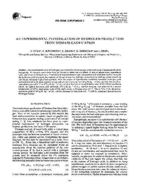 Pdf An Experimental Investigation Of Hydrogen Production From Biomass Gasification