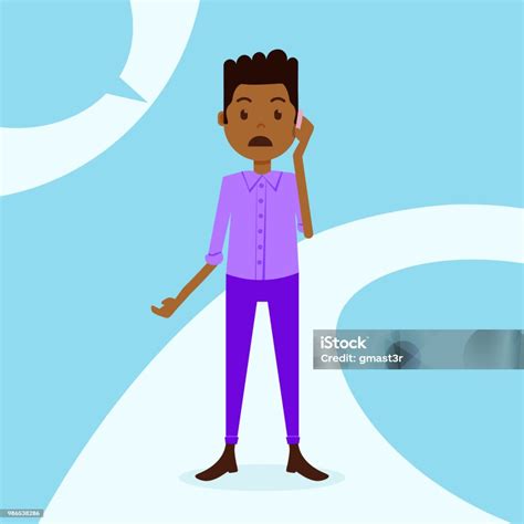 아프리카 십 대 소년 캐릭터 슬픈 전화 남성 보라색 양복 디자인 작업 및 파란색 배경 전체 길이 플랫 사람에 애니메이션에 대 한 서식 파일 개체 그룹에 대한 스톡 벡터 아트
