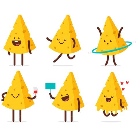 색 배경에 고립된 귀여운 치즈 캐릭터 터 만화 세트 프리미엄 벡터