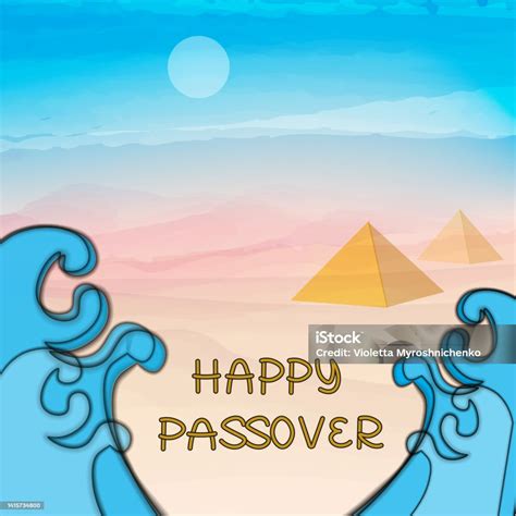 수채화 이집트 풍경 피라미드 및 종이 절단 파도와 행복한 유월절 카드 유월절에 대한 스톡 벡터 아트 및 기타 이미지 유월절 예술 인사장 Istock