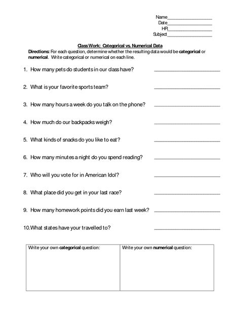Categorical Vs Numerical Data Worksheet