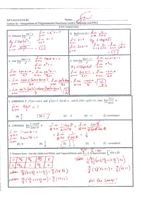 Lesson 16 Integration Of Trig Functions Key Ap Calculus Bc Name Sin Lesson 16 Integrations Of