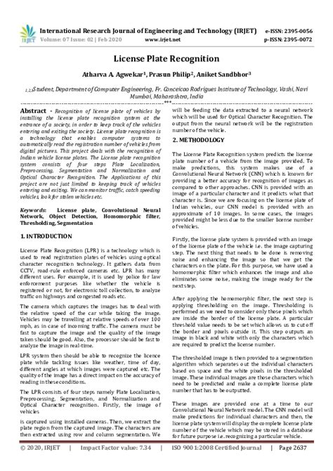 Pdf Irjet License Plate Recognition