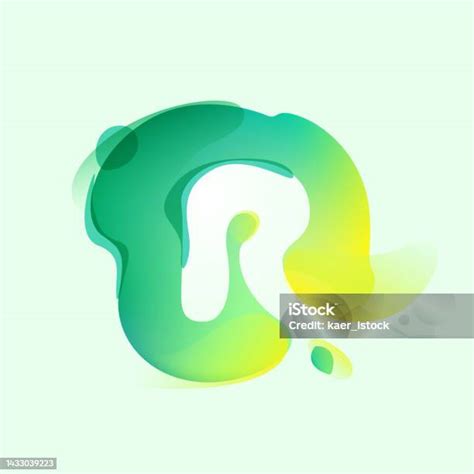 녹색 잎으로 에코 그라디언트 스플래시 블롯의 R 문자 로고 부정적인 공간 환경 친화적 인 아이콘 환상 효과 엠블럼 0명에 대한